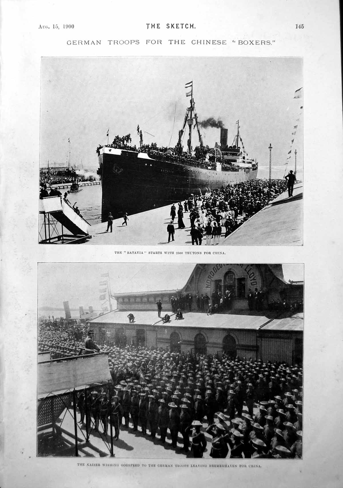 Antique Old Print Batavia German Troops Heading China Engines Hms Viper ...